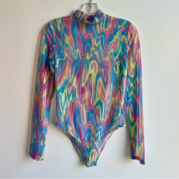 SHEIN | Tops | Pastel Swirl Wavy Design Mesh Long Sleeve Turtleneck ...